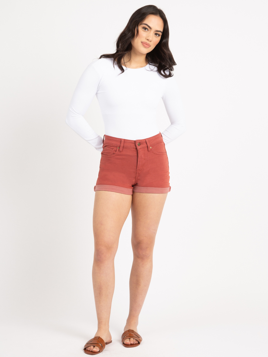 high rise cuffed shortie in barn red Bootlegger 2000007116
