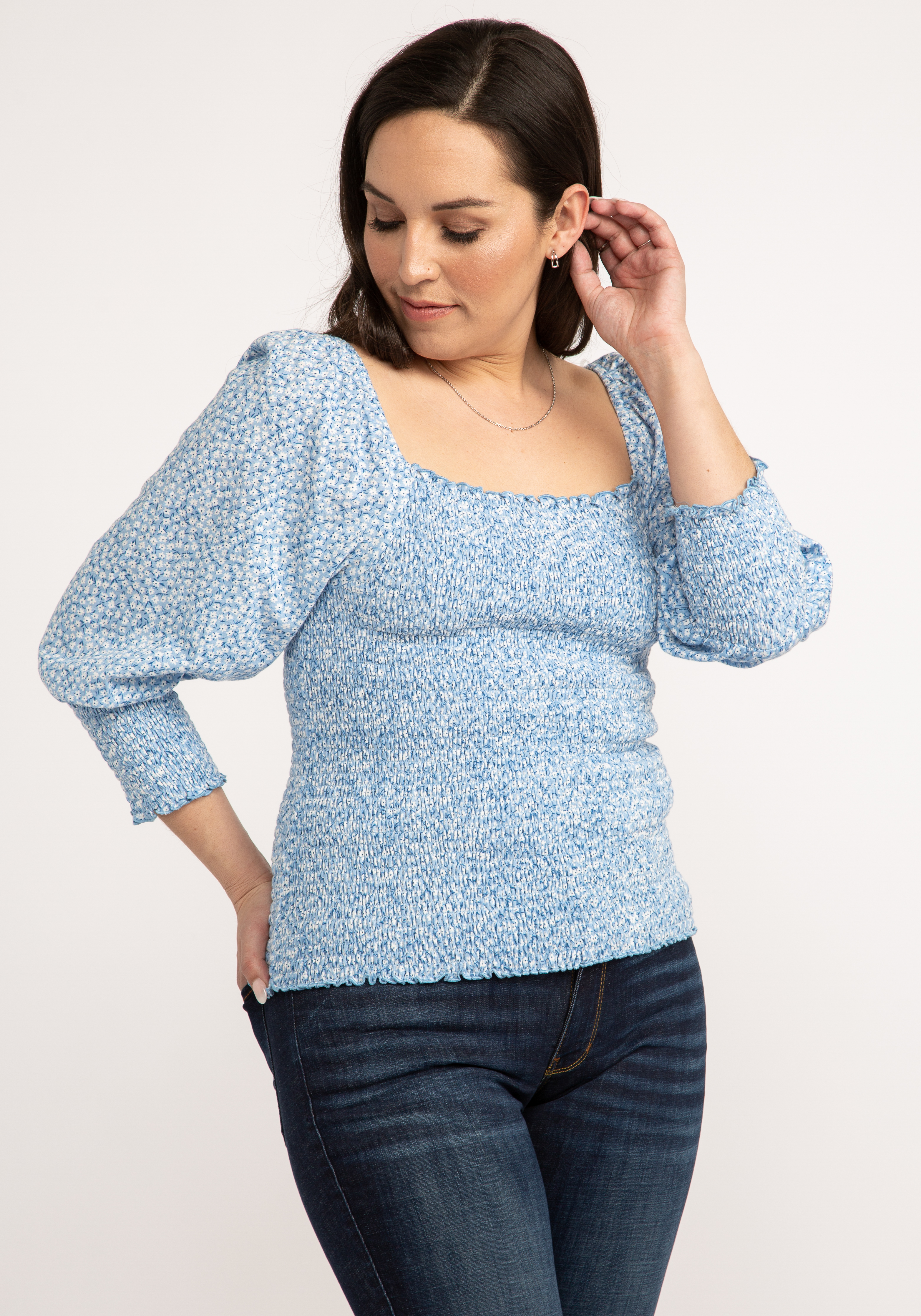 priscilla smocked 3/4 sleeve top Bootlegger 2000006337